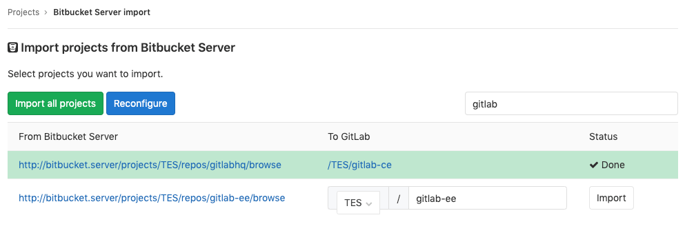 Bitbucket server · Import · Project · User · Help · GitLab